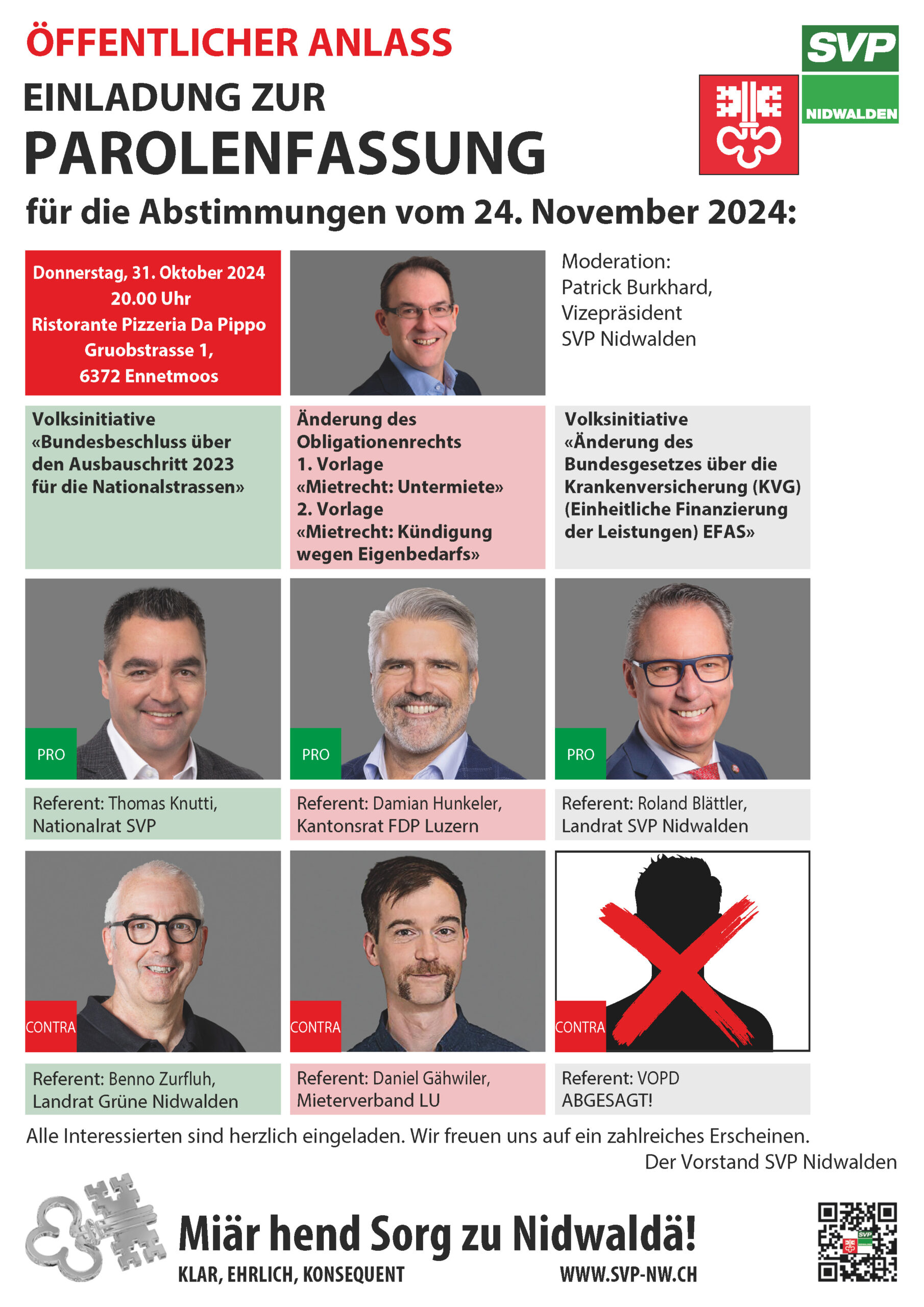 SVP Kanton Nidwalden - Parolenfassung zu den Abstimmungen vom 24.11.2024